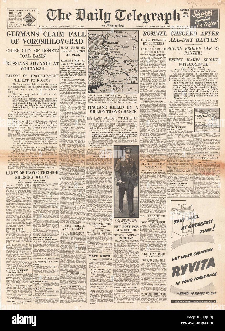 1942 front page Daily Telegraph Battle for El Alamein and Voronezh, RAF ...