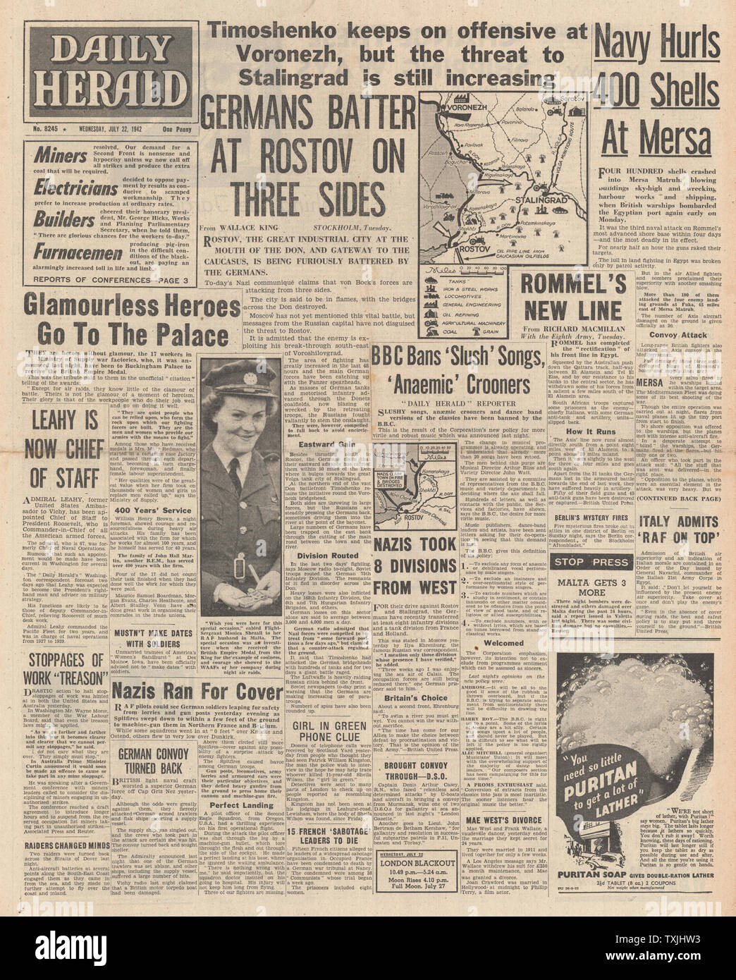 1942 front page Daily Herald Battle for Rostov and Royal Navy shell ...