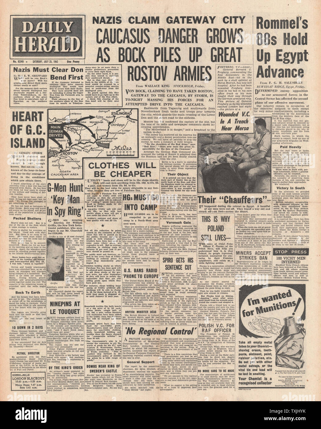 1942 front page Daily Herald Battle for Rostov and Battle for Egypt ...