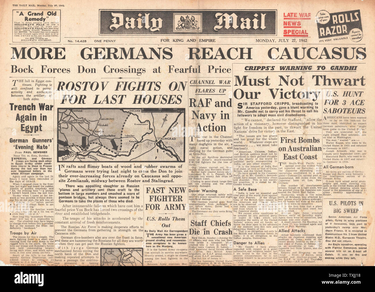 1942 front page Daily Mail German Army reach Caucasus Stock Photo - Alamy