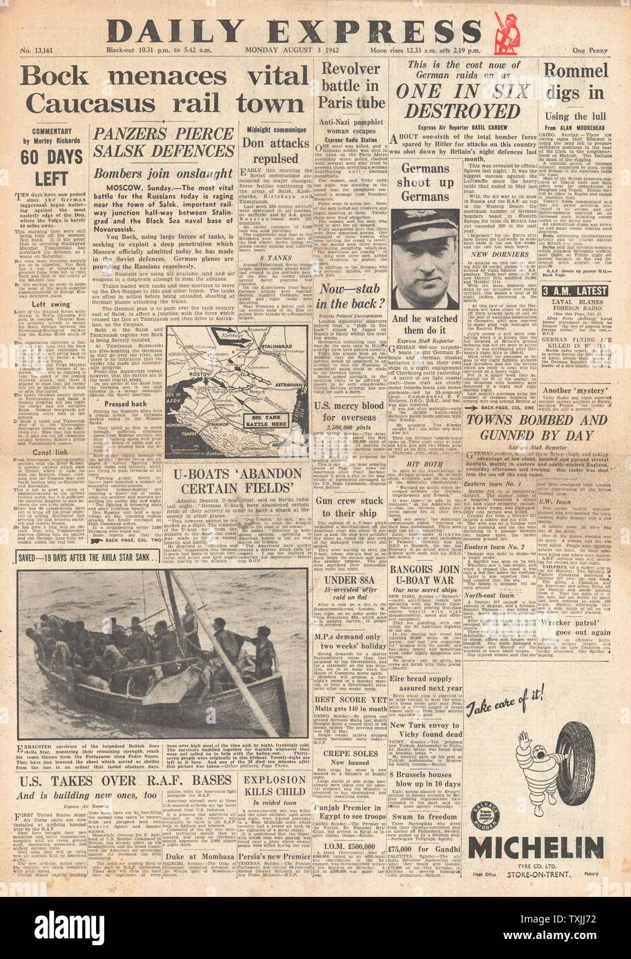 1942 front page Daily Express German Army drive on Caucasus Stock Photo ...