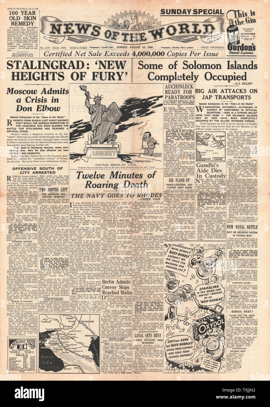 1942 front page News of the World Battle for Stalingrad and Solomon ...