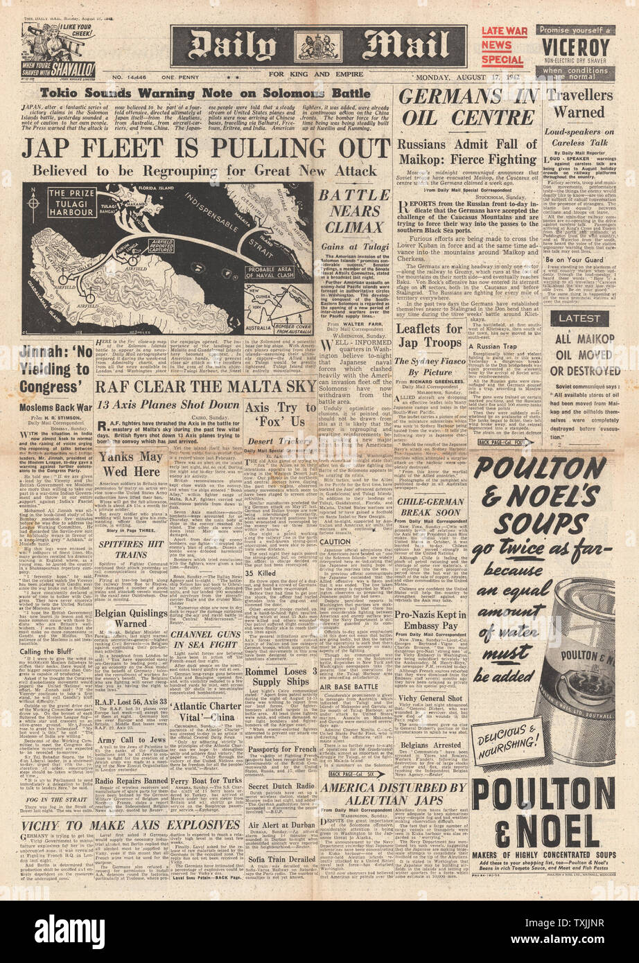 1942 front page Daily Mail Battle for Solomon Islands and Caucasus ...