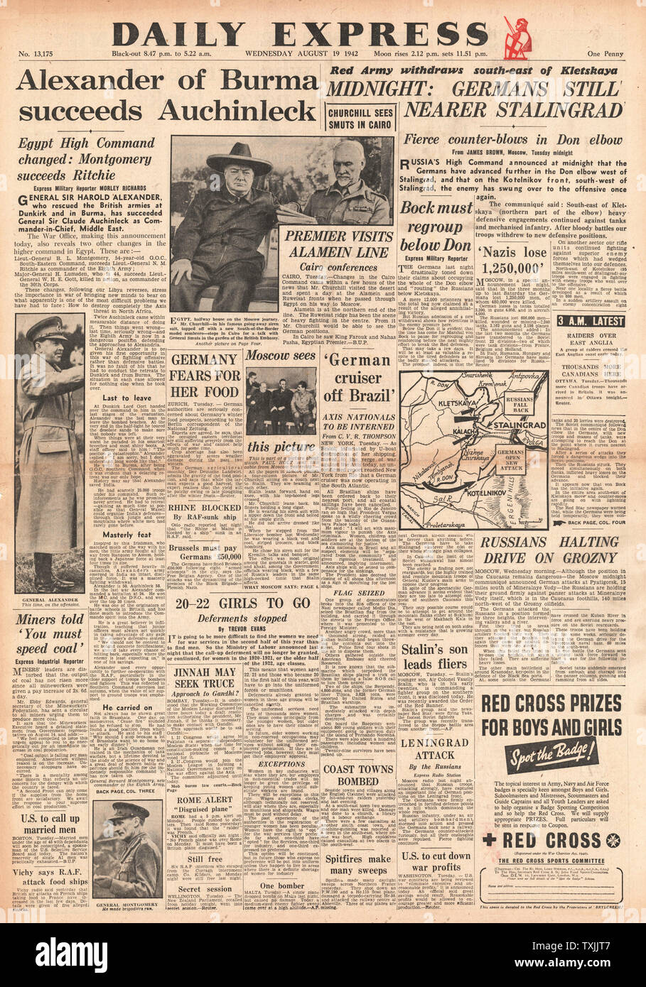 1942 front page Daily Express General Alexander succeeds Auchinleck as ...