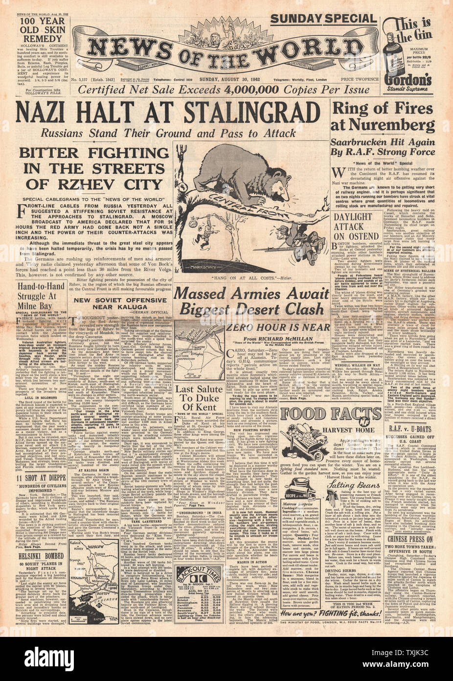 1942 front page News of the World Battle for Stalingrad and RAF Bomb ...