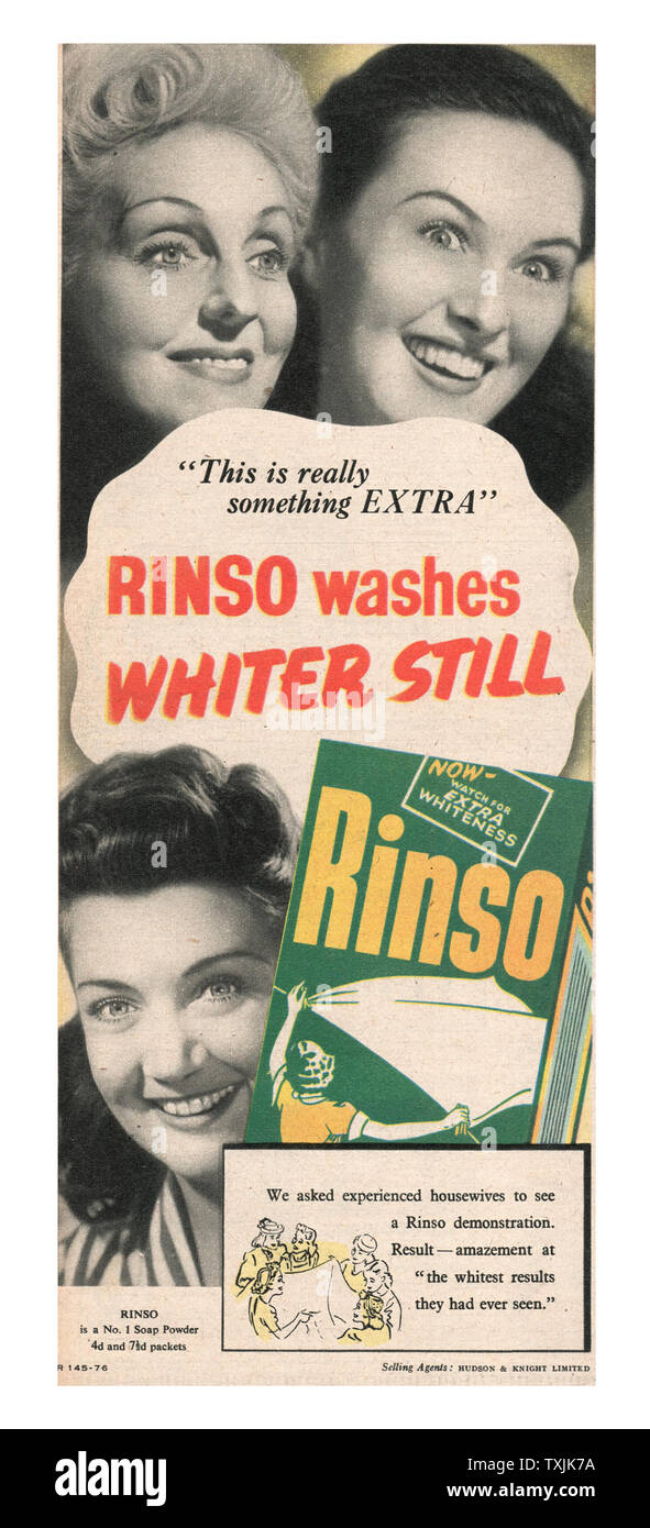 1947 UK Magazine Rinso Soap Powder Advert Stock Photo - Alamy