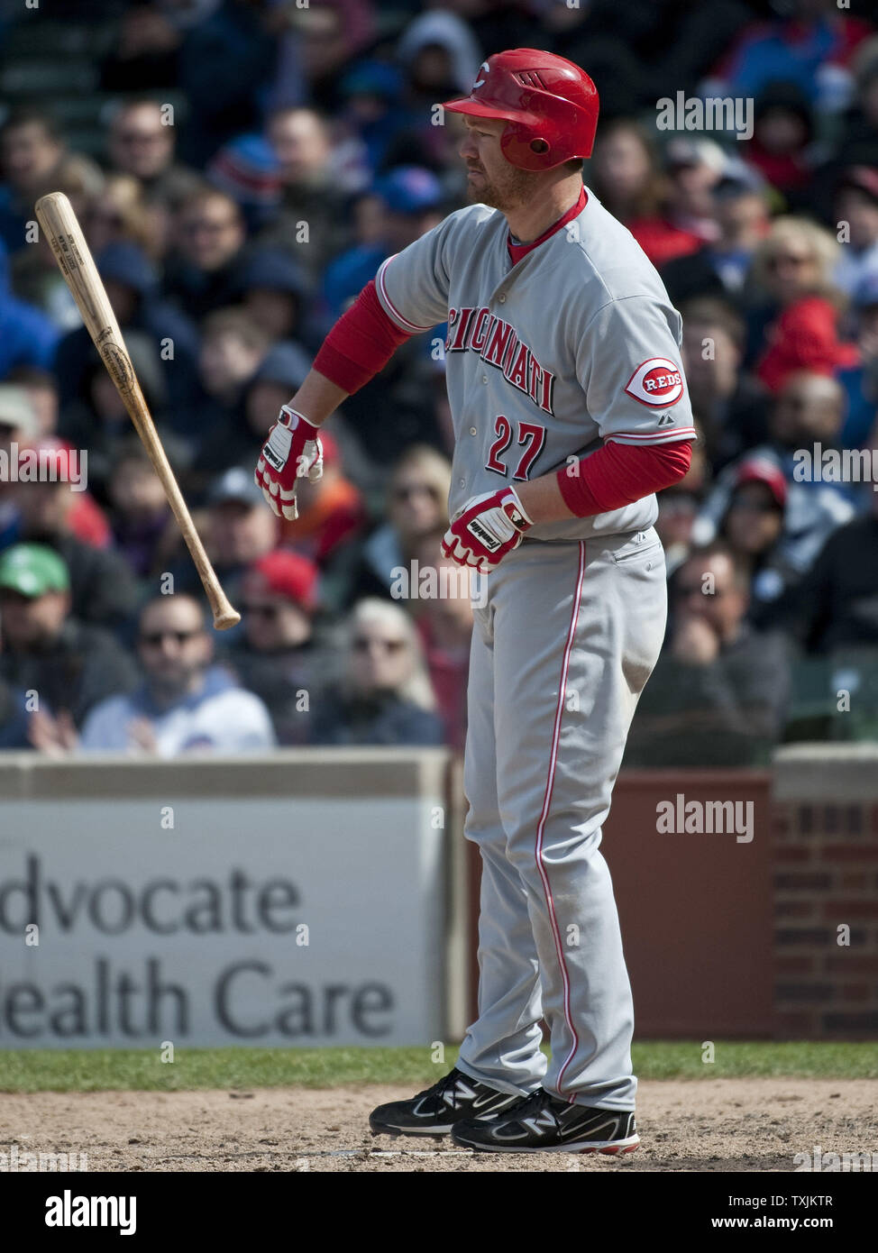 Cincinnati Reds Scott Rolen flips his bat after striking out during the ...