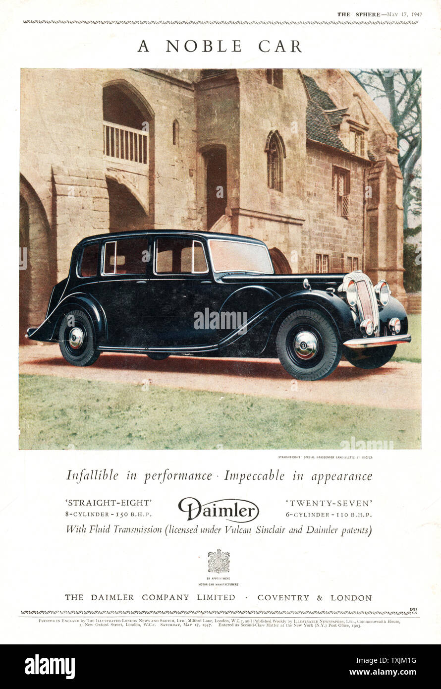 1947 UK Magazine Daimler Car Advert Stock Photo - Alamy