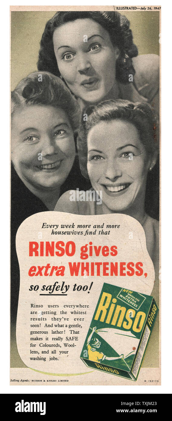1947 UK Magazine Rinso Soap Powder Advert Stock Photo - Alamy