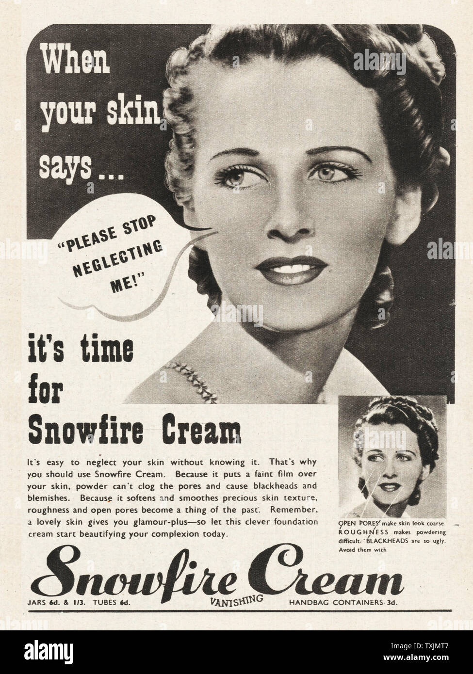1940 UK Magazine Snowfire Vanishing Cream Advert Stock Photo - Alamy