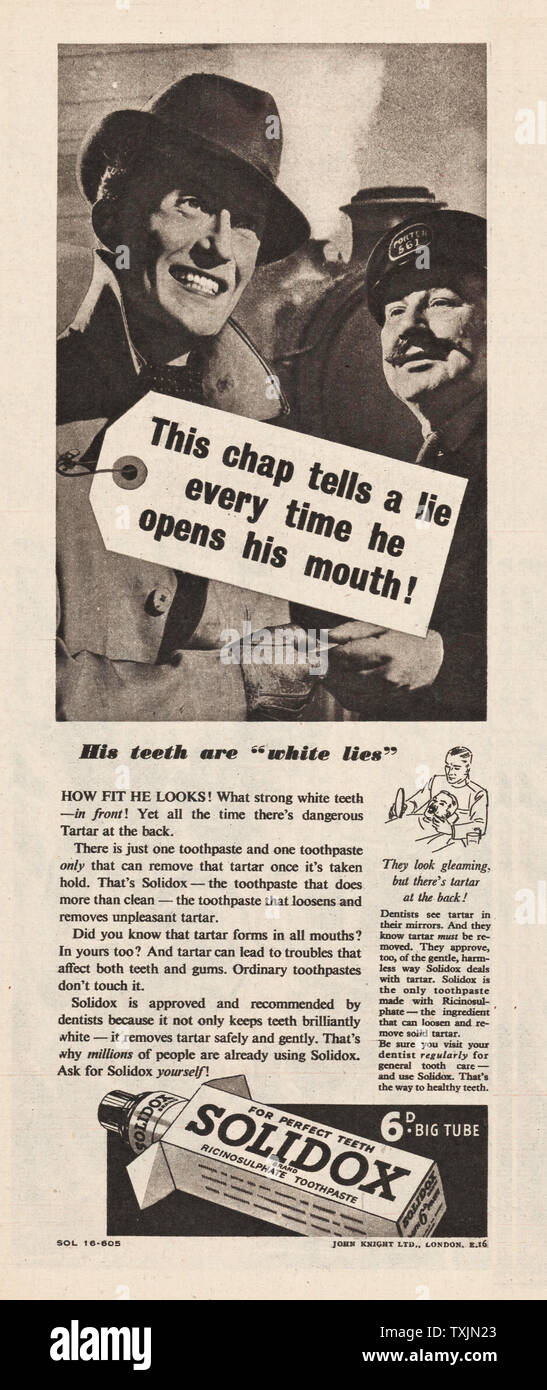 1940 UK Magazine Solidox Toothpaste Advert Stock Photo - Alamy