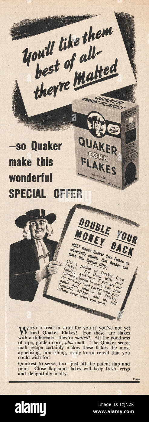 1940 UK Magazine Quakers Cornflakes Advert Stock Photo - Alamy