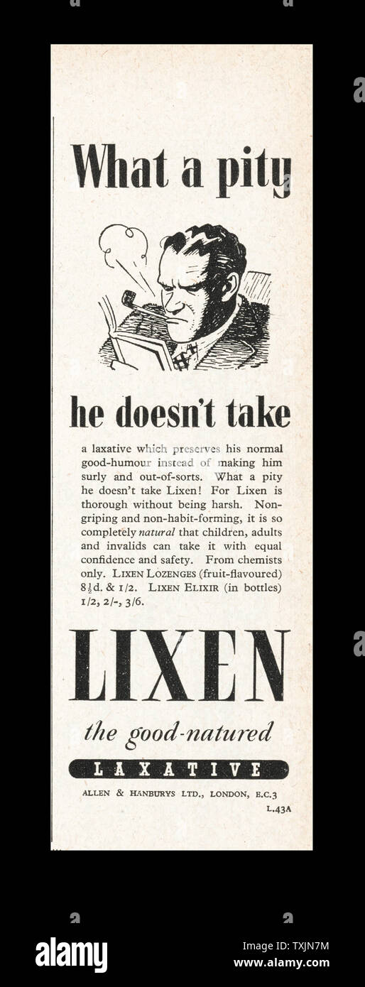 1940 UK Magazine Lixen Laxative Advert Stock Photo - Alamy