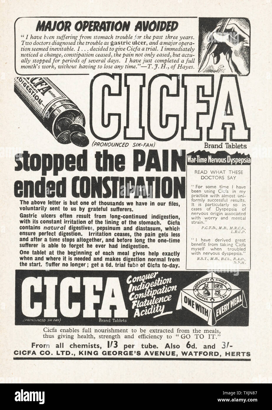 1940 UK Magazine Cicfa Constipation Tablets Advert Stock Photo - Alamy