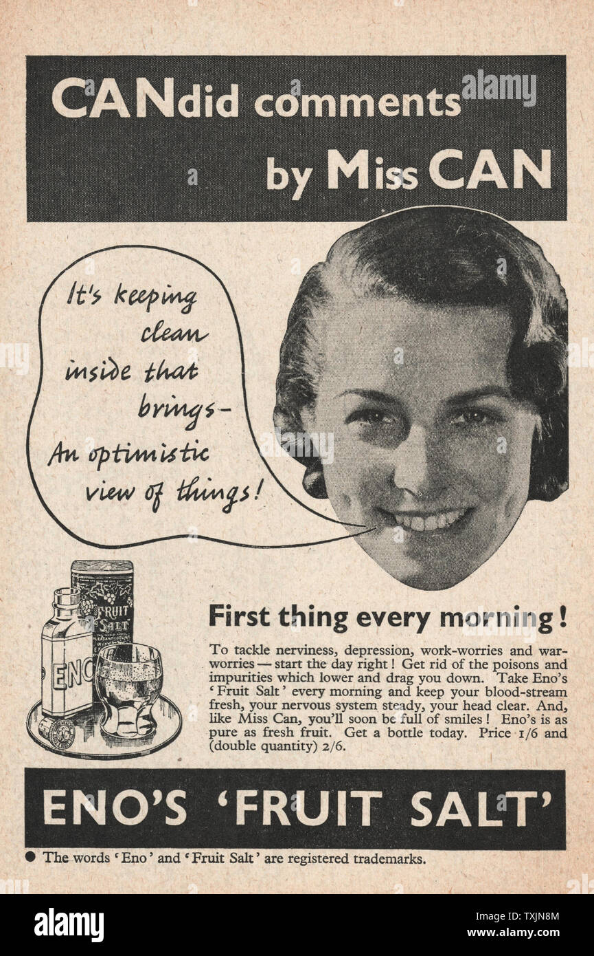 1940 UK Magazine Eno's Fruit Salt Advert Advert Stock Photo - Alamy