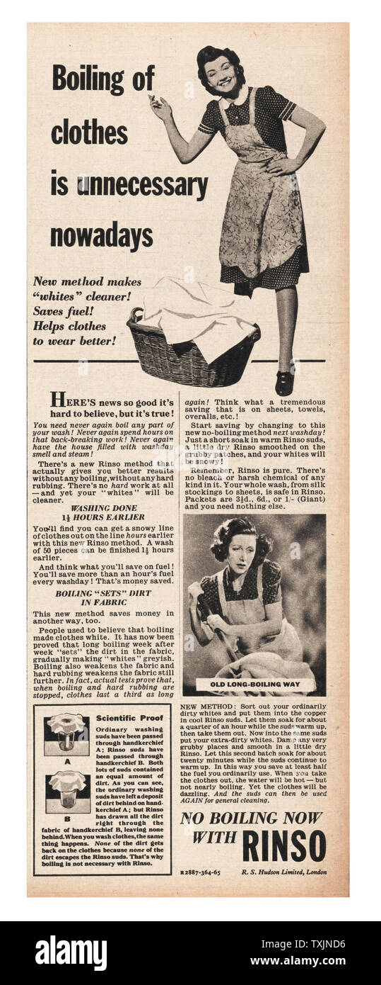 1940 UK Magazine Rinso Washing Powder Advert Stock Photo - Alamy