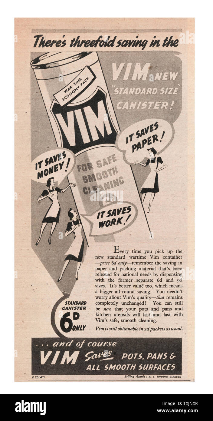 1941 UK Magazine Vim Cleaning Powder Advert Stock Photo - Alamy