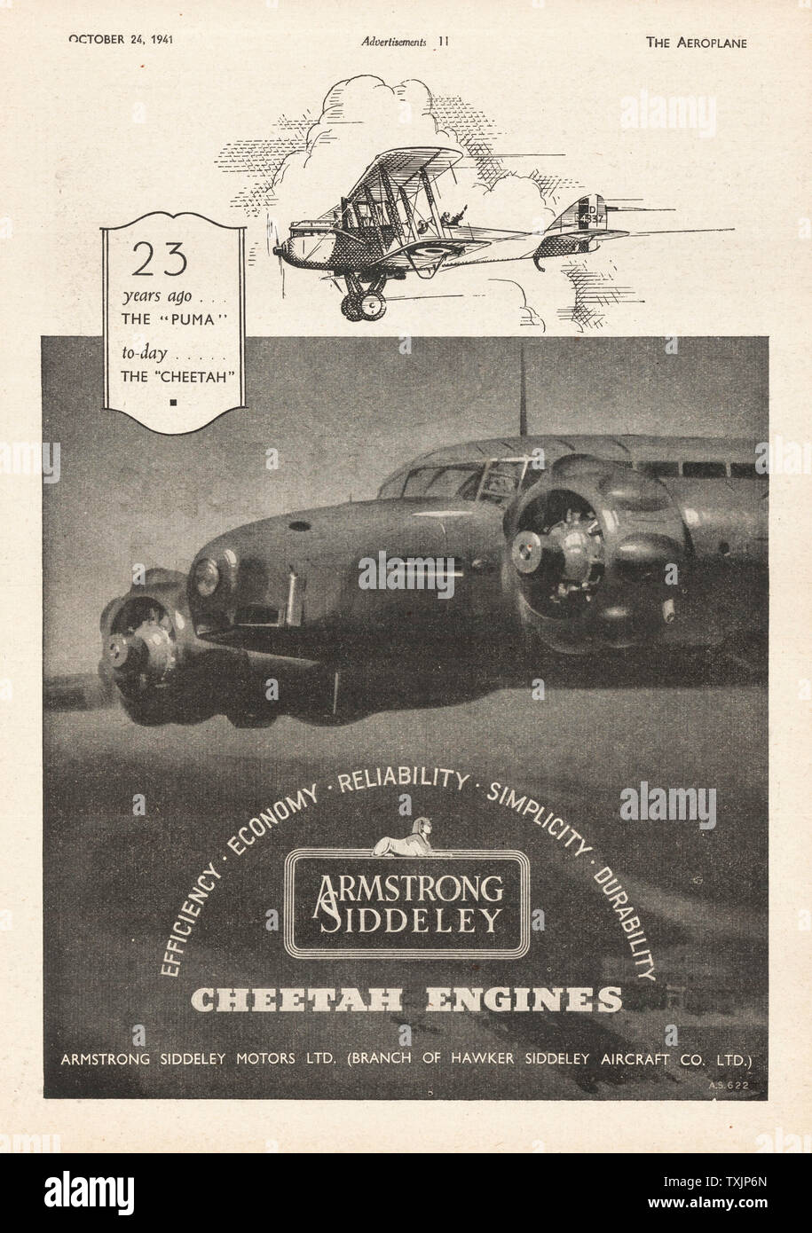 1941 UK Magazine Armstrong Siddeley Cheetah Engines Advert Stock Photo ...