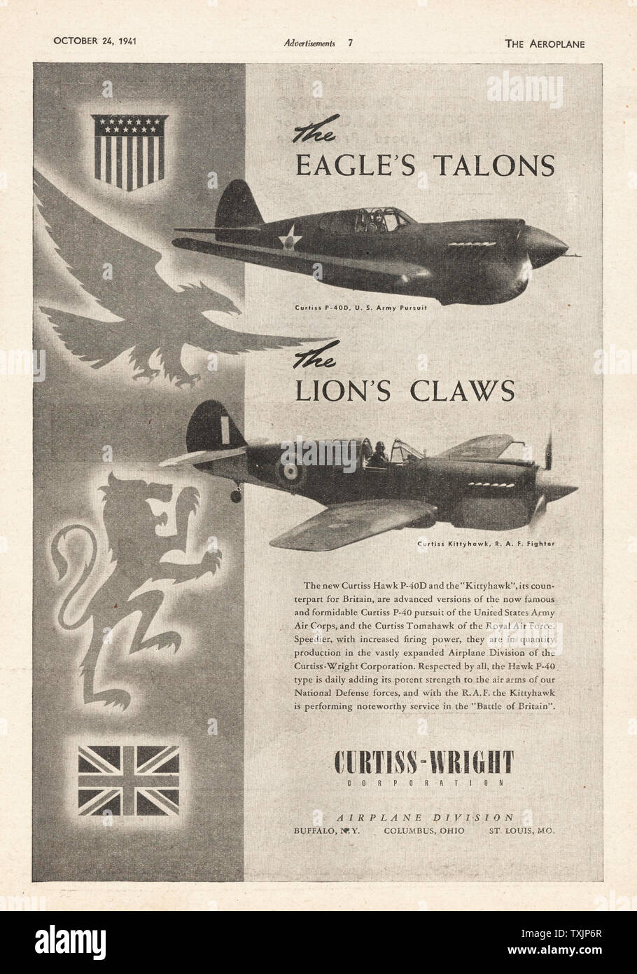 1941 UK Magazine Curtiss-Wright Aircraft Advert Stock Photo - Alamy