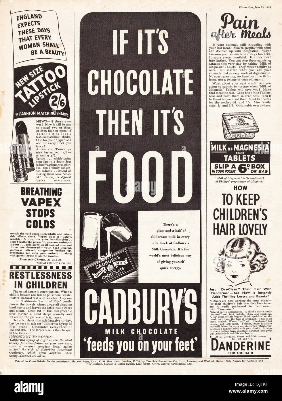 1940 UK Magazine Cadburys Milk Chocolate Advert Stock Photo - Alamy