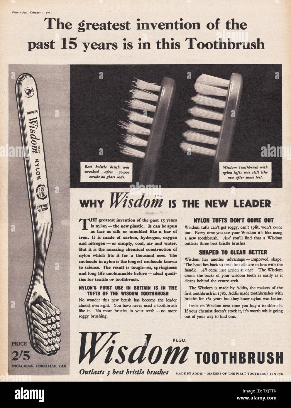 1941 UK Magazine Wisdom Toothbrushes Advert Stock Photo - Alamy