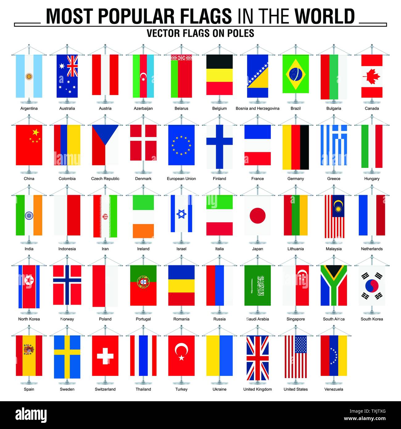Collection of most popular world flags. Flags on poles Stock Vector ...