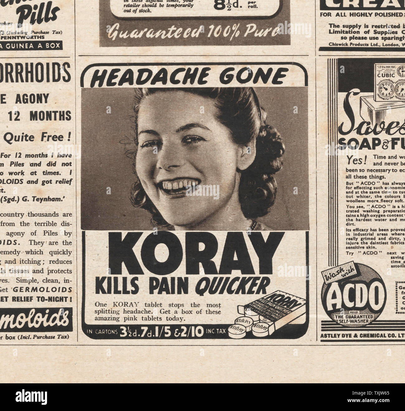 1943 UK Magazine Koray Headache Tablets Ad Stock Photo - Alamy