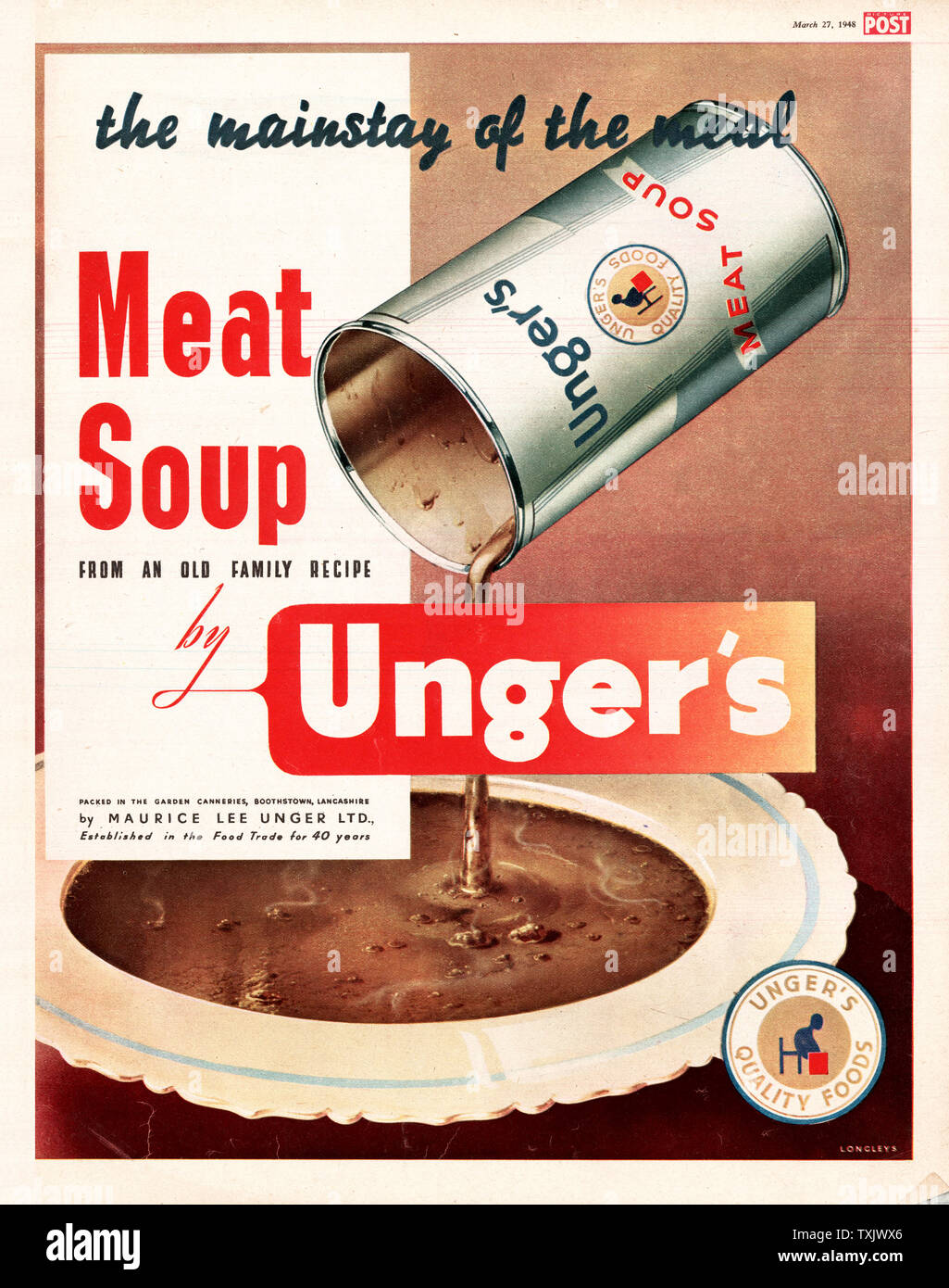 1948 UK Magazine Unger's Meat Soup Advert Stock Photo - Alamy