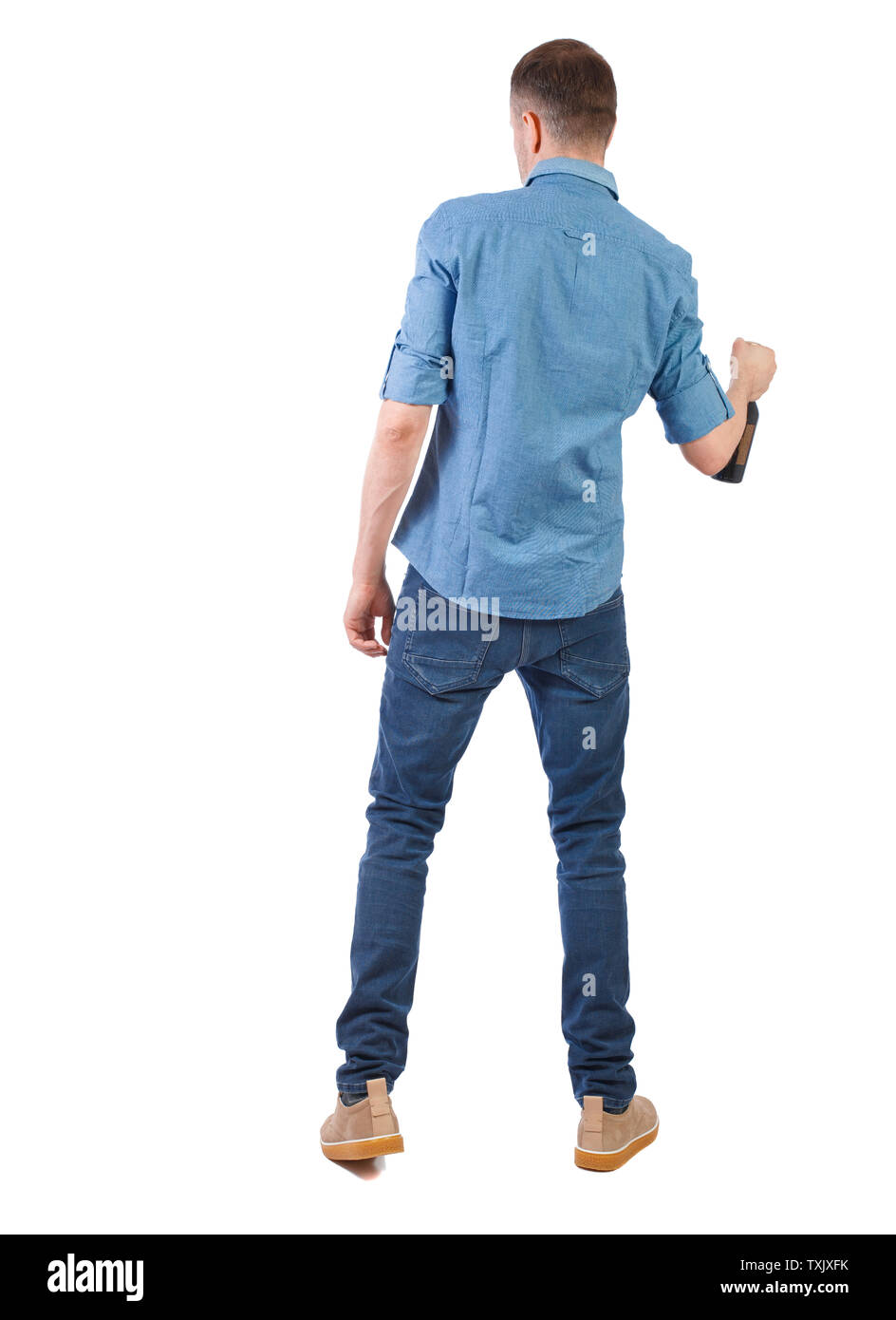 Back view of drunk man with bottle of wine. drinking young guy ...