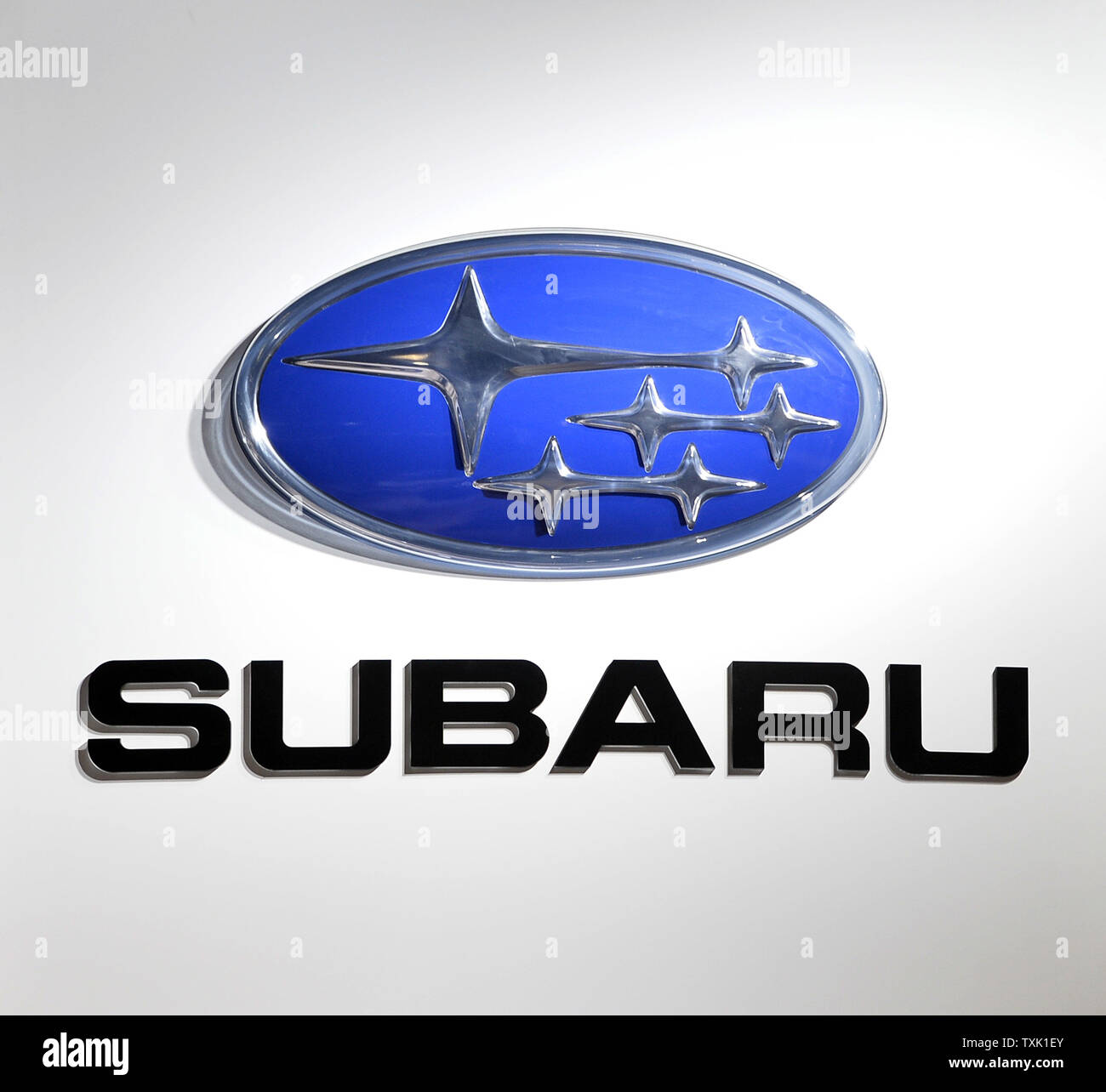 The Subaru logo is displayed at the Chicago Auto Show on February 11 ...