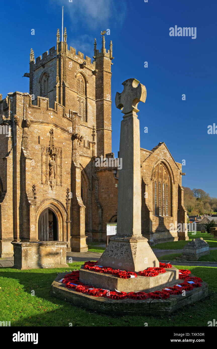 UK, Somerset, Crewkerne, Church of St Bartholomew and Memorial Cross ...