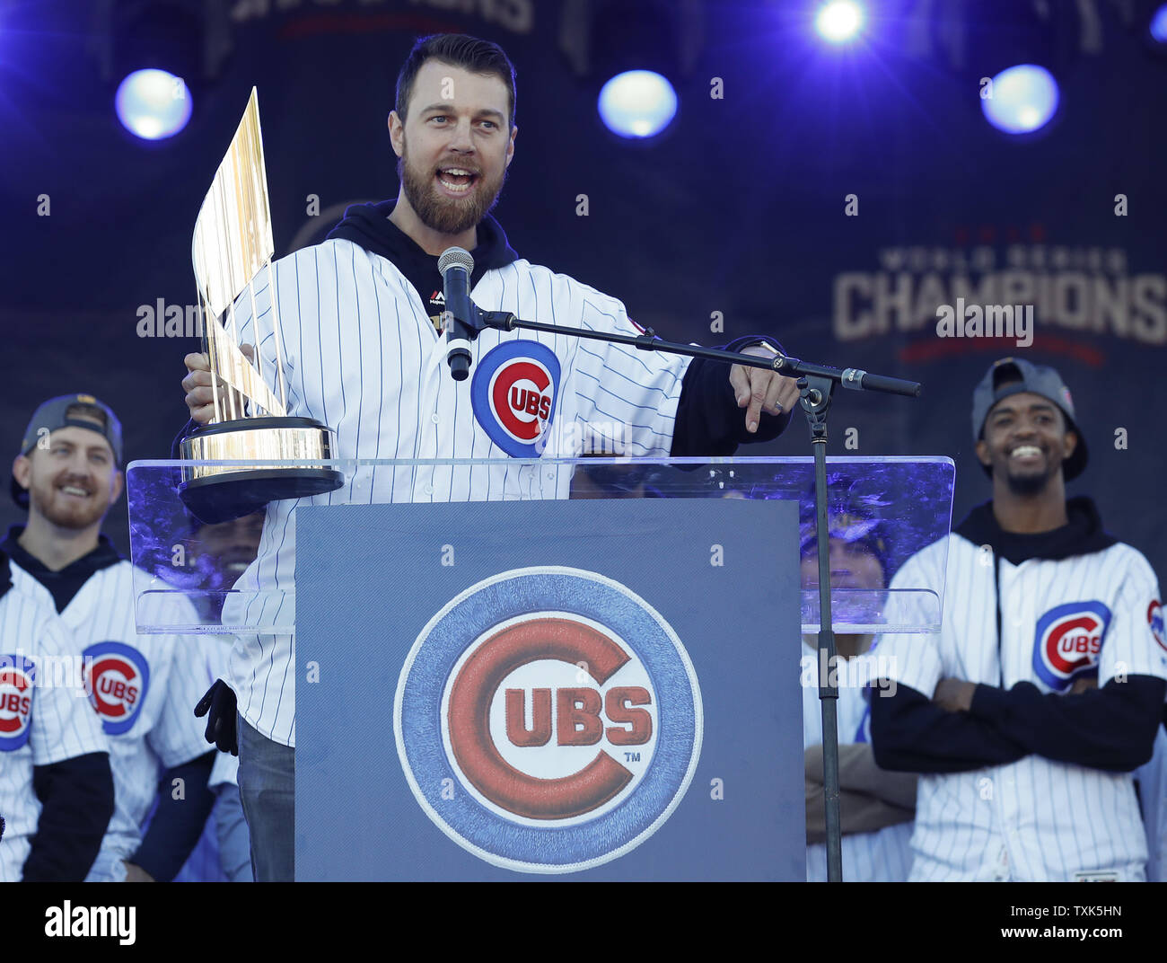 Chicago Cubs' Ben Zobrist holds the World Series MVP Trophy as he ...