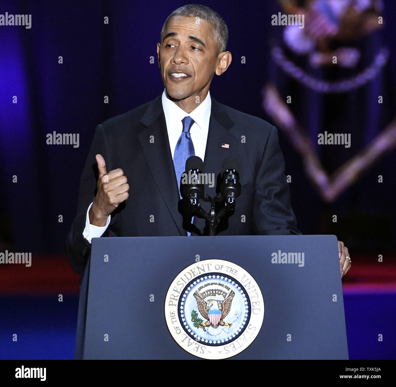 U.S. President Barack Obama delivers his farewell address to a crowd of ...