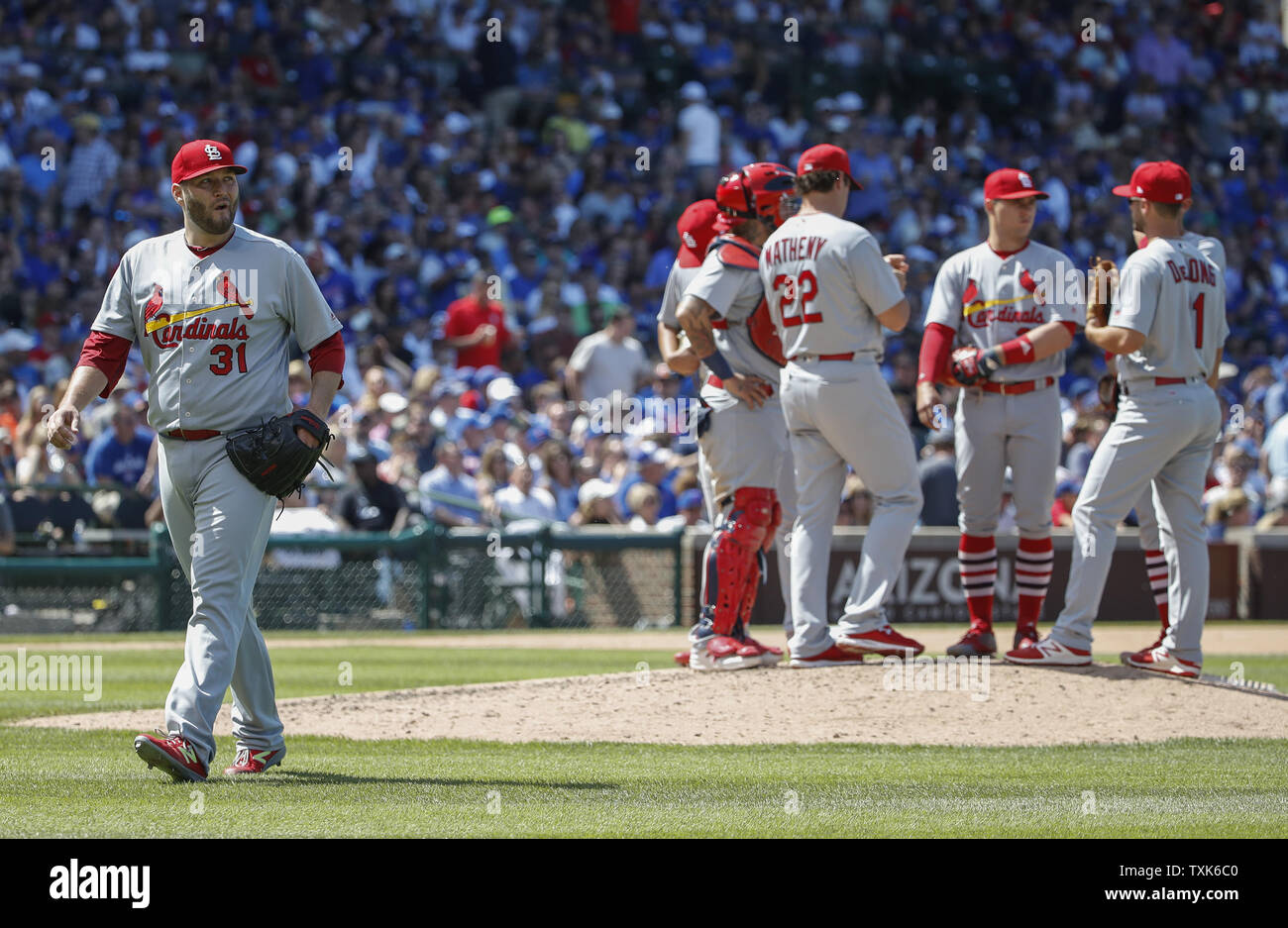 St. Louis Cardinals starting pitcher Lance Lynn (31) leaves the game ...