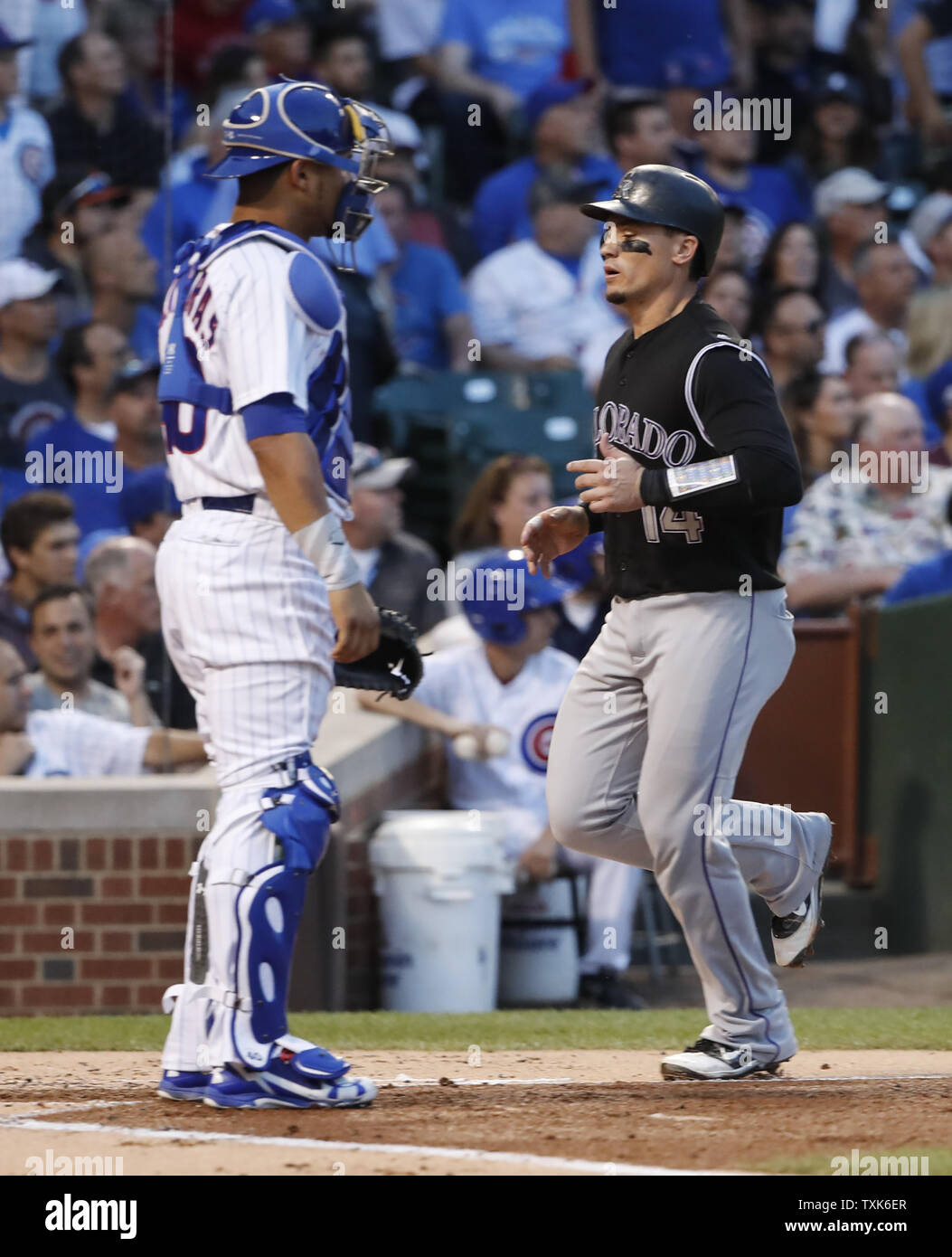 Colorado Rockies Tony Wolters (14) scores on RBI-double hit by Charlie ...