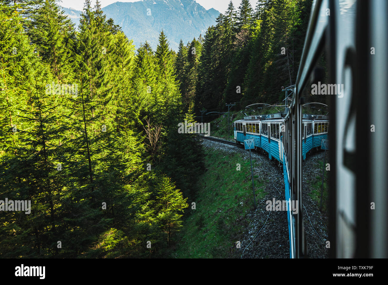 View out of the window of Bavarian Zugspitz Railway / Zugspitzbahn on ...