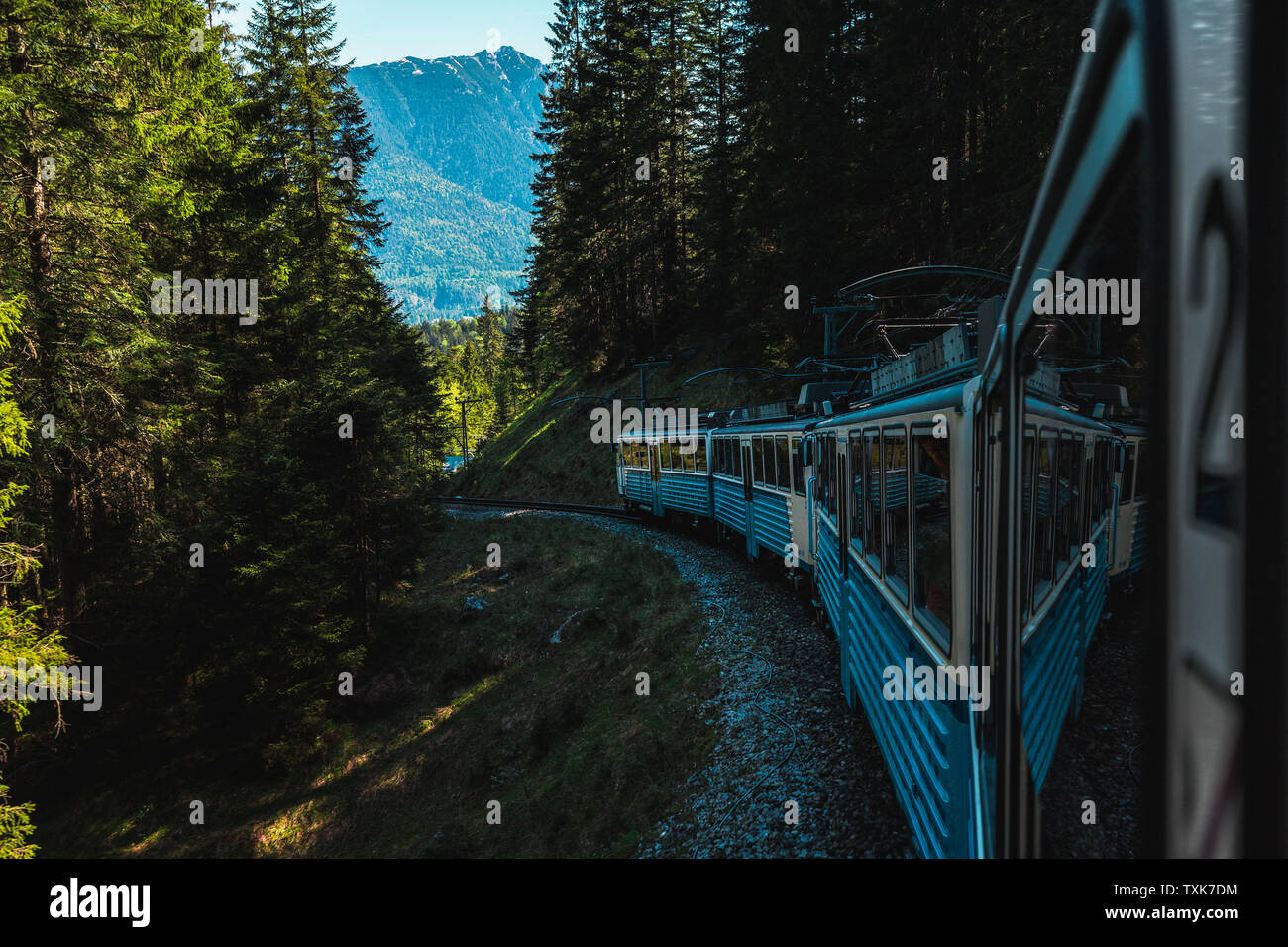 View out of the window of Bavarian Zugspitz Railway / Zugspitzbahn on ...