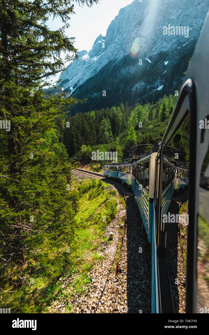 View out of the window of Bavarian Zugspitz Railway / Zugspitzbahn on ...