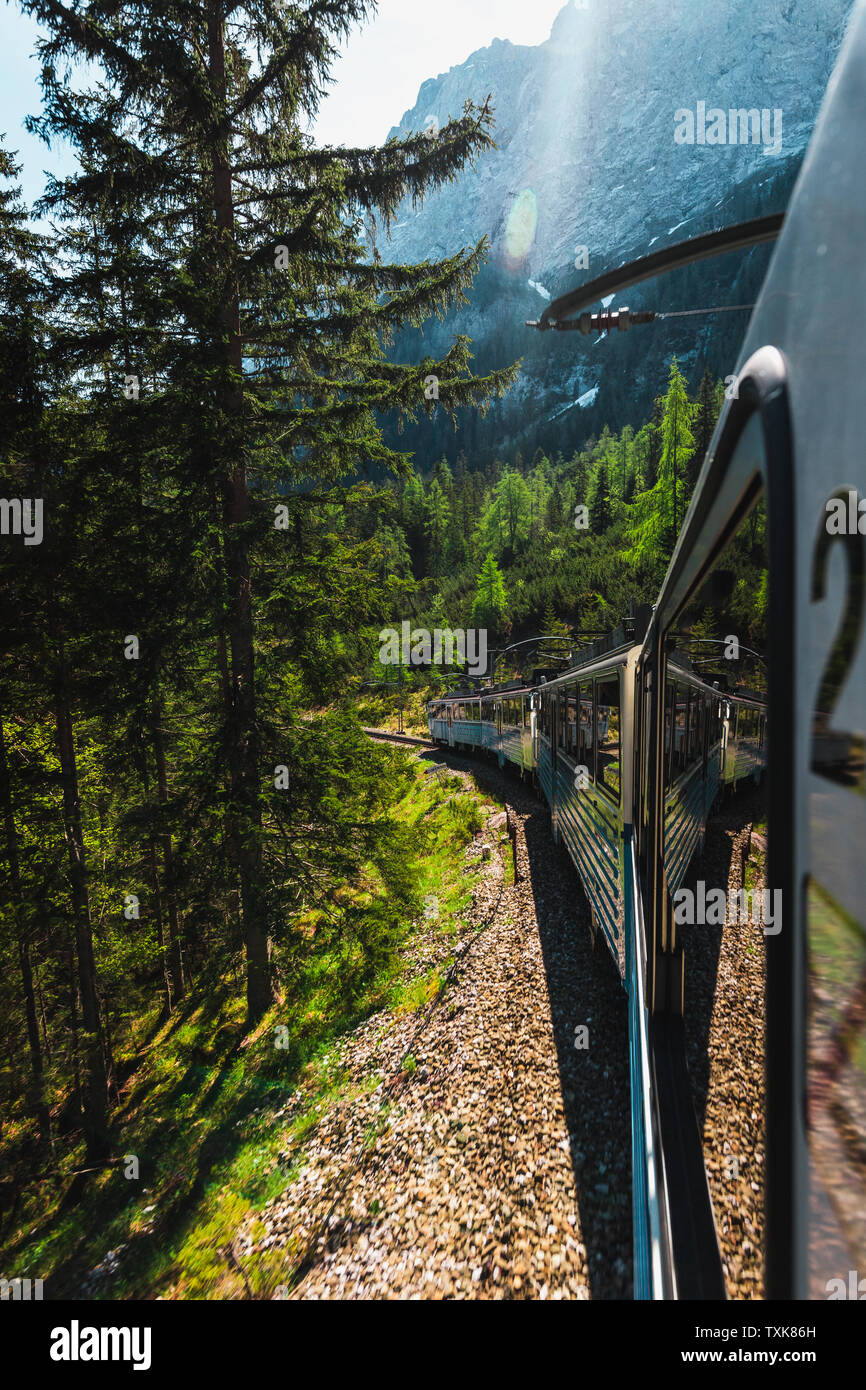 View out of the window of Bavarian Zugspitz Railway / Zugspitzbahn on ...
