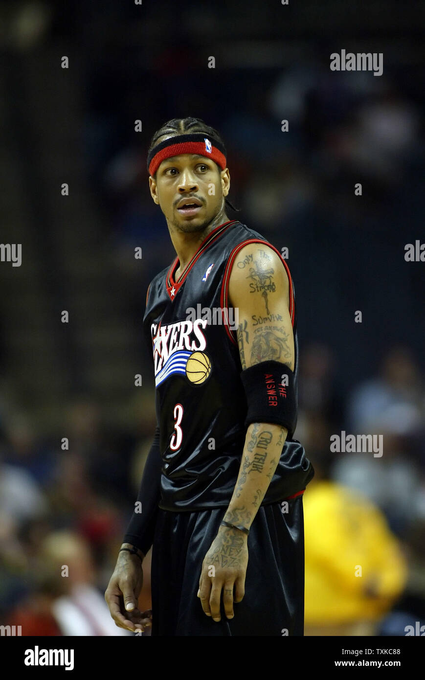 Philadelphia 76ers guard Allen Iverson looks to his bench during a ...