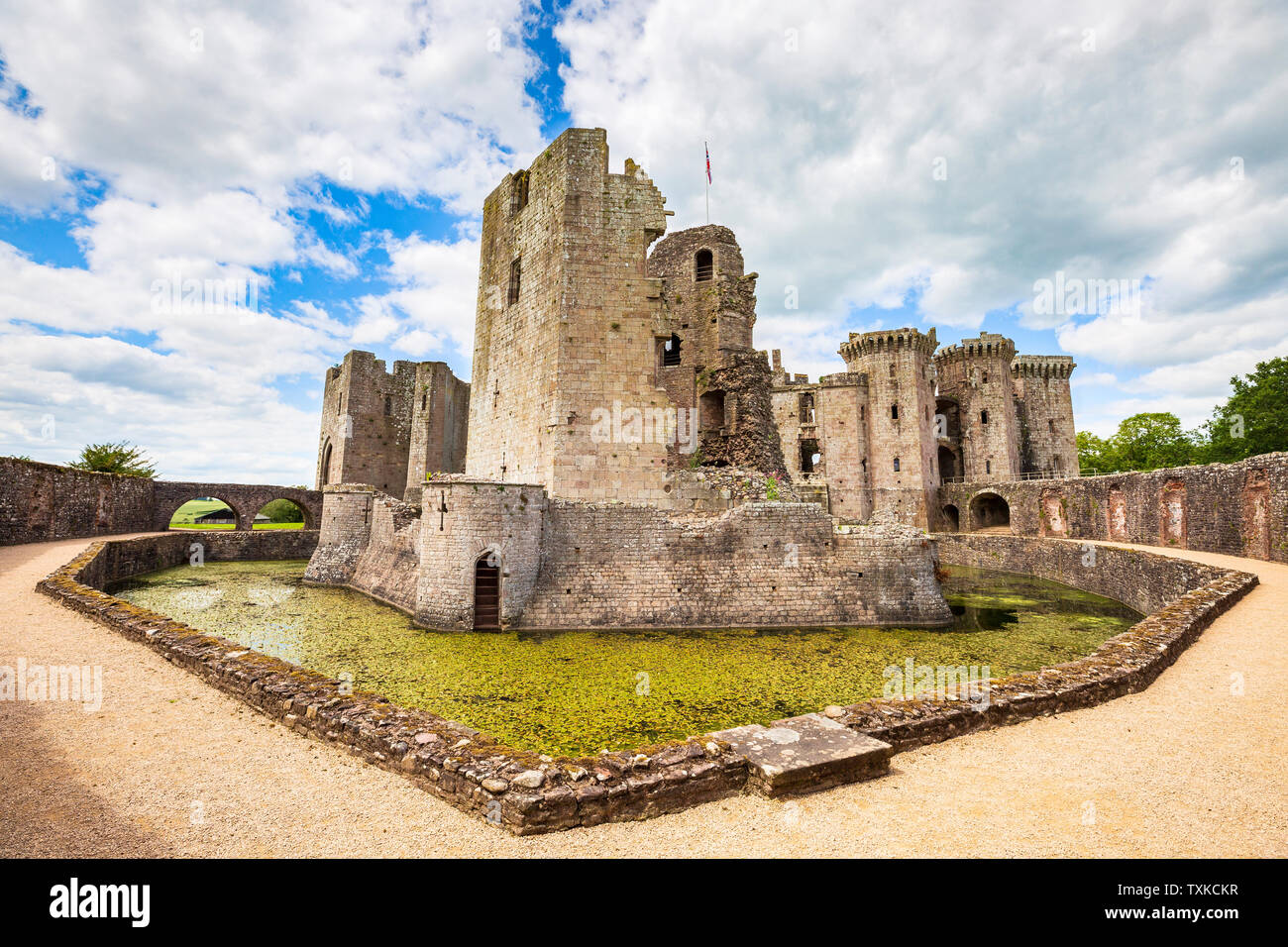 The Great Tower and moat from the Moat Walk at Raglan Castle, Wales ...