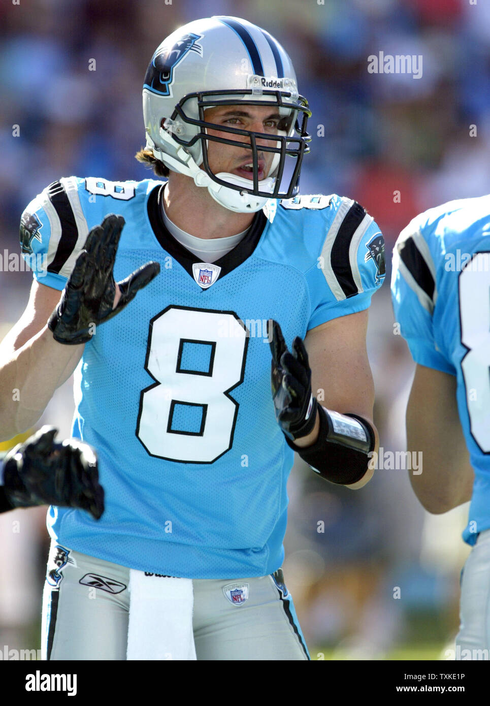 Carolina Panthers quarterback David Carr calls a play in the huddle as the Panthers play the ...