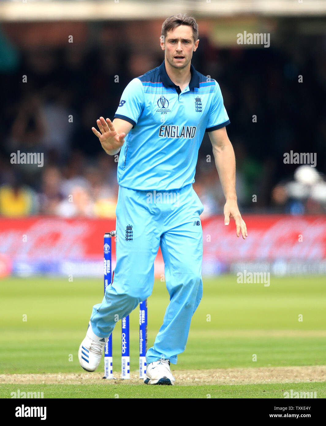 England's Chris Woakes celebrates taking the wicket of Australia's ...