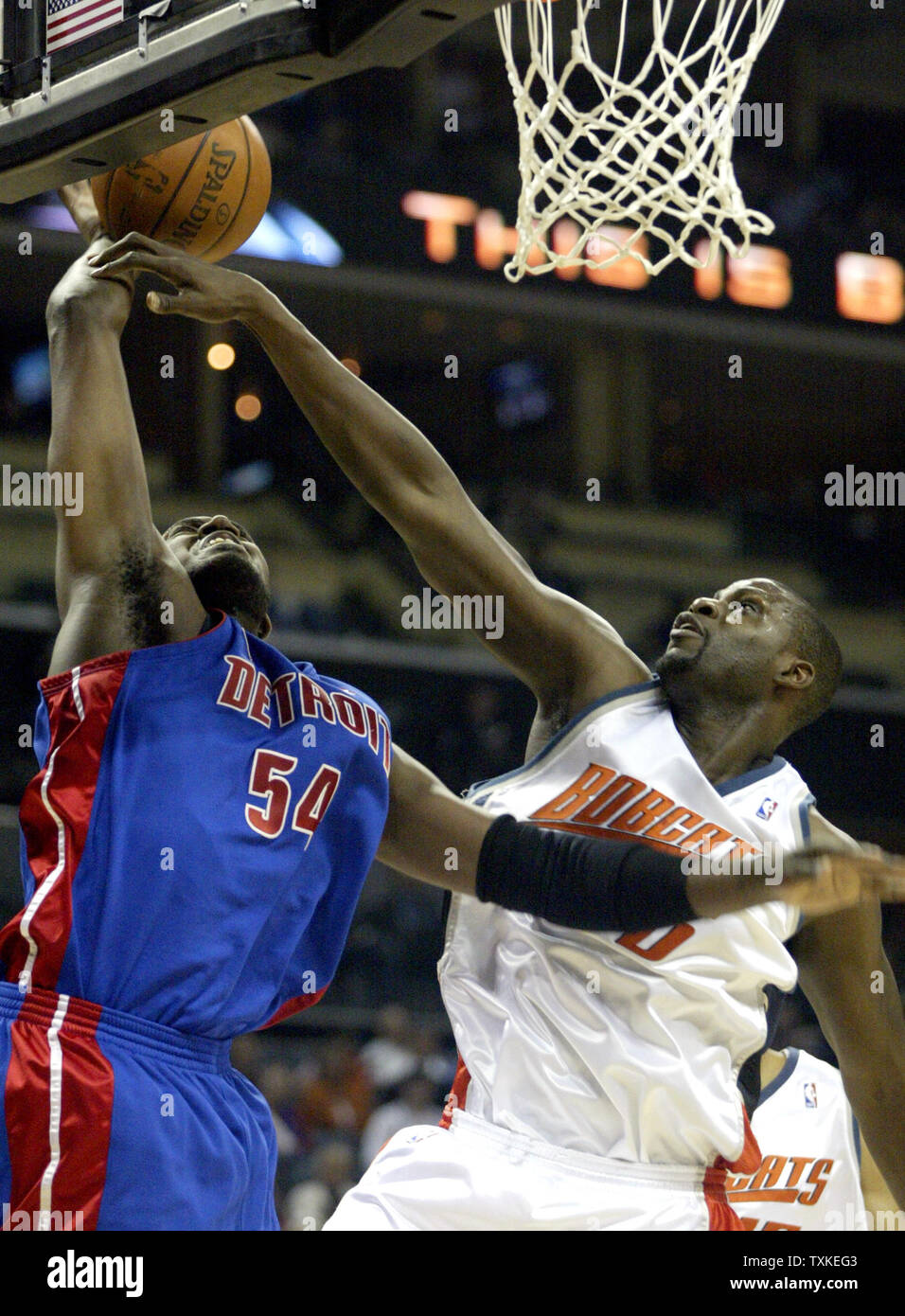Detroit Pistons forward Jason Maxiell (54) is fouled by Charlotte ...