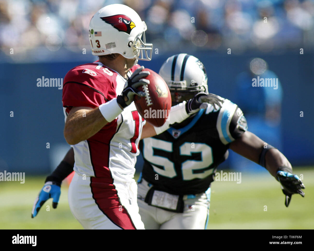 Carolina Panthers linebacker Jon Beason (52) bears down on Arizona ...