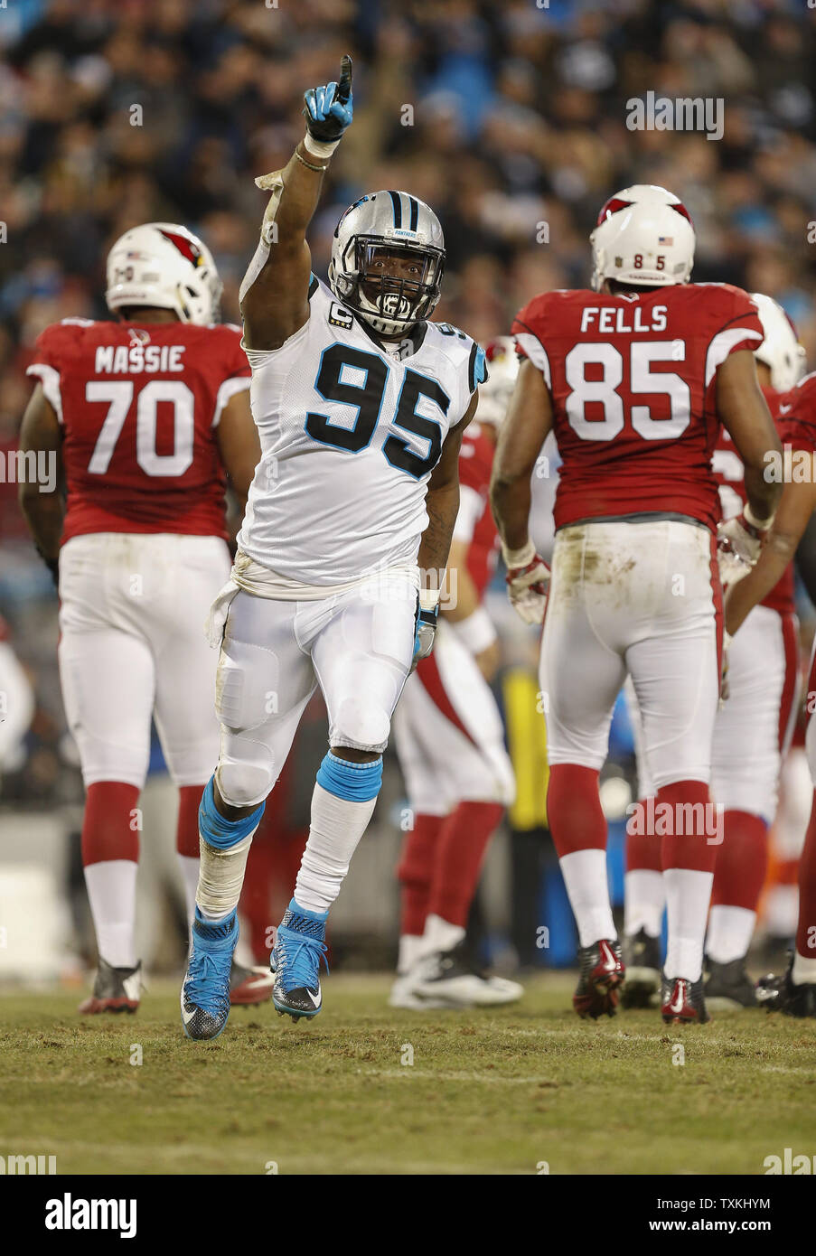 Carolina Panthers defensive end Charles Johnson celebrates after the ...