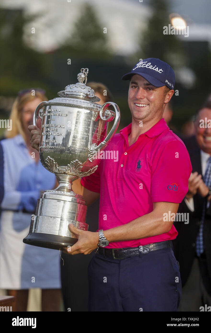 Justin Thomas holds the Wanamaker Trophy after winning the 2017 PGA ...