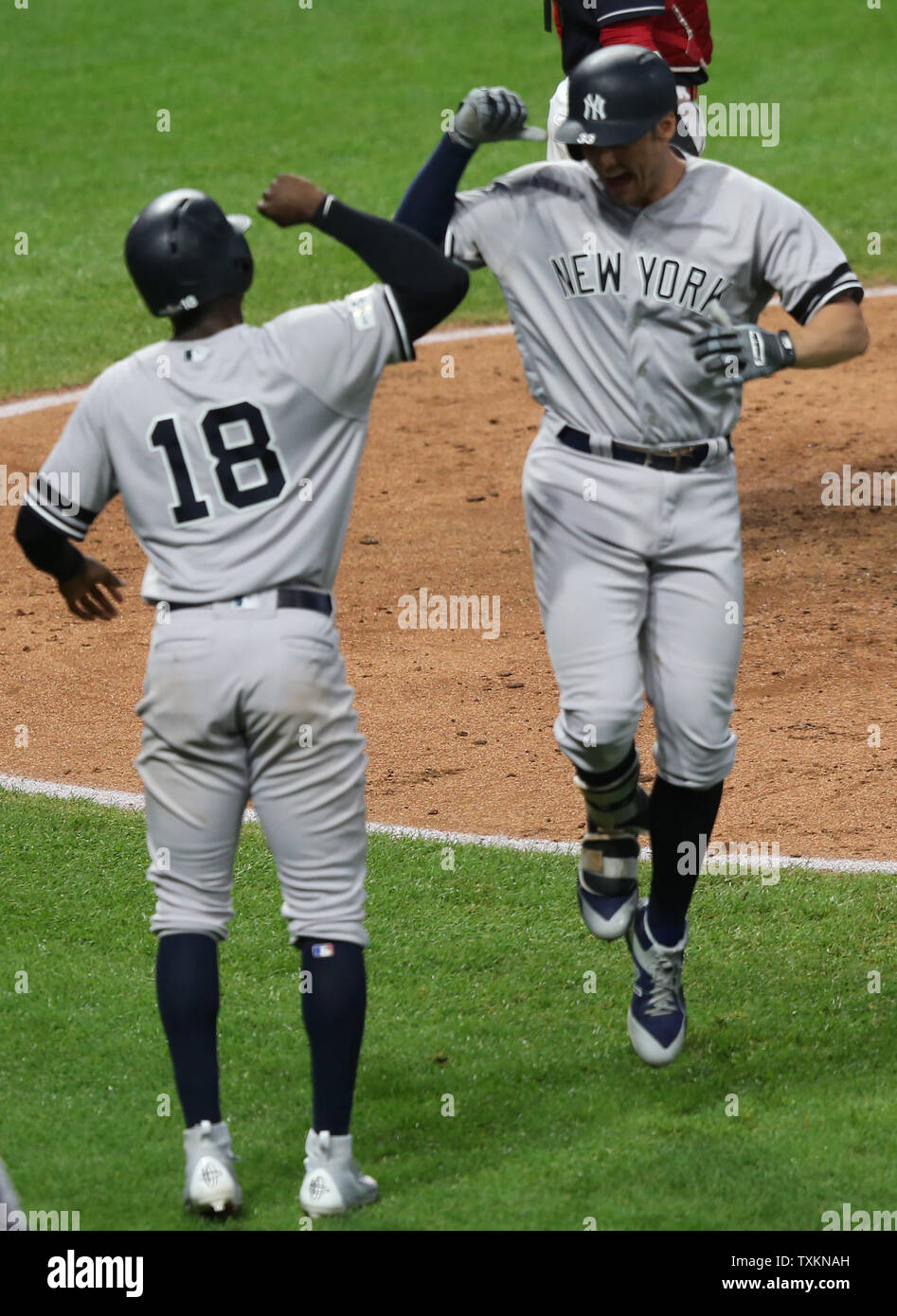 New York Yankees Greg Bird (R) elbow bumps teammate Didi Gregorius ...