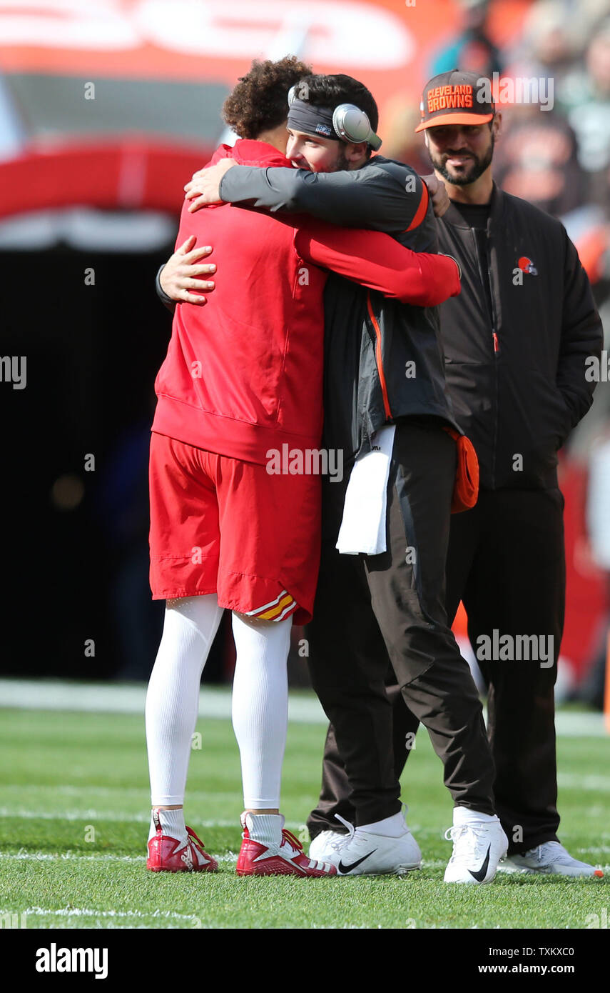 Cleveland Brown's quarterback Baker Mayfield gives a quick hug to ...