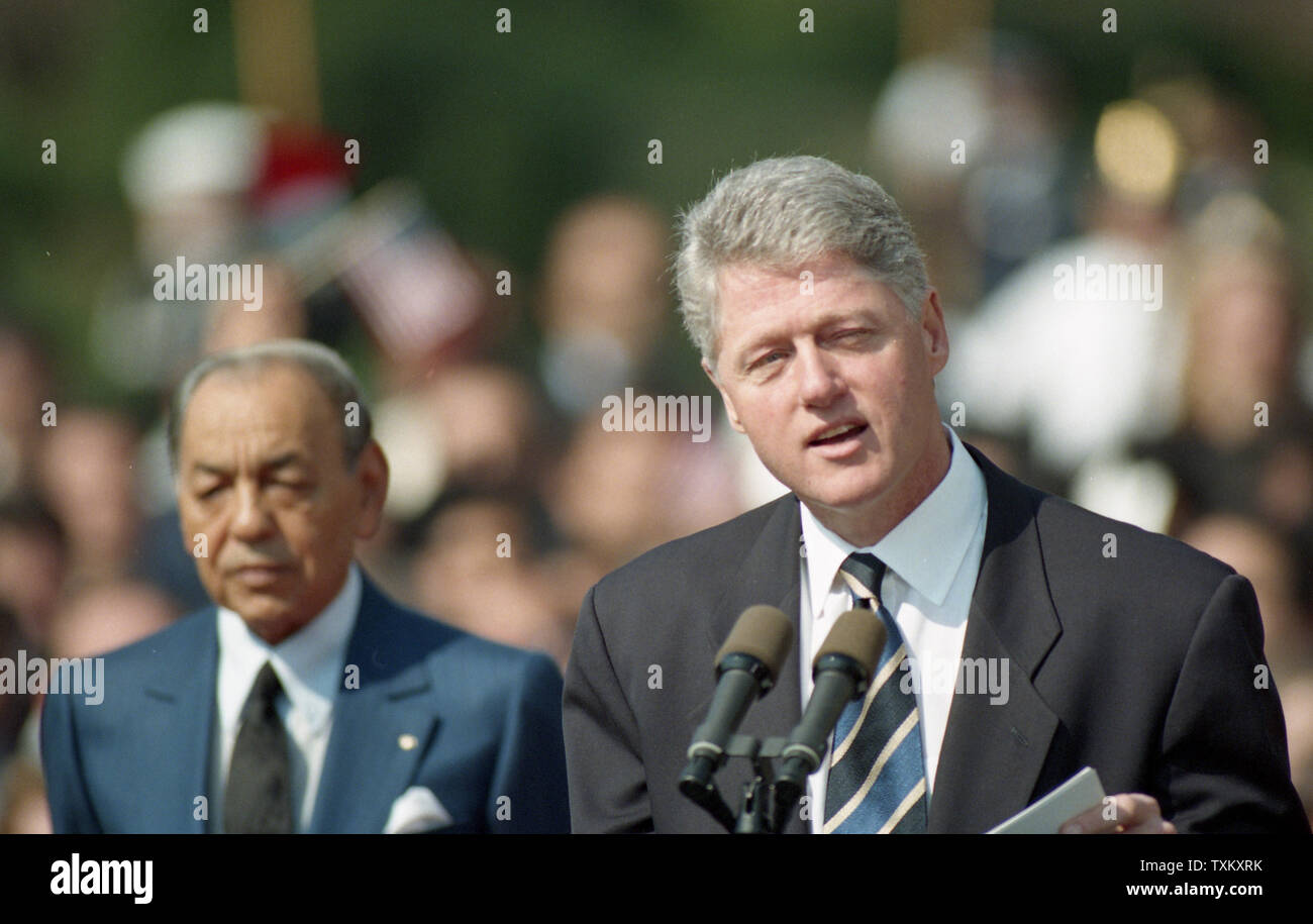 U.S. President Bill Clinton speaks, as King of Morocco Hassan II (L ...